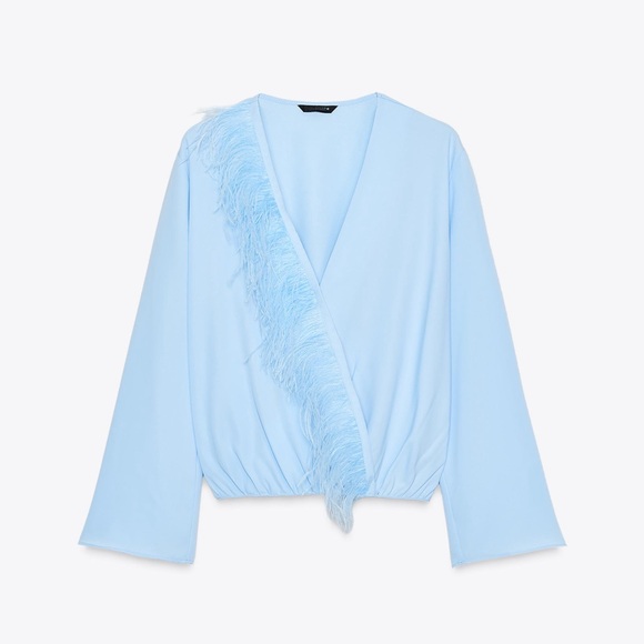 Zara | Tops | Zara Sky Blue Feathered Wrap Top | Poshmark